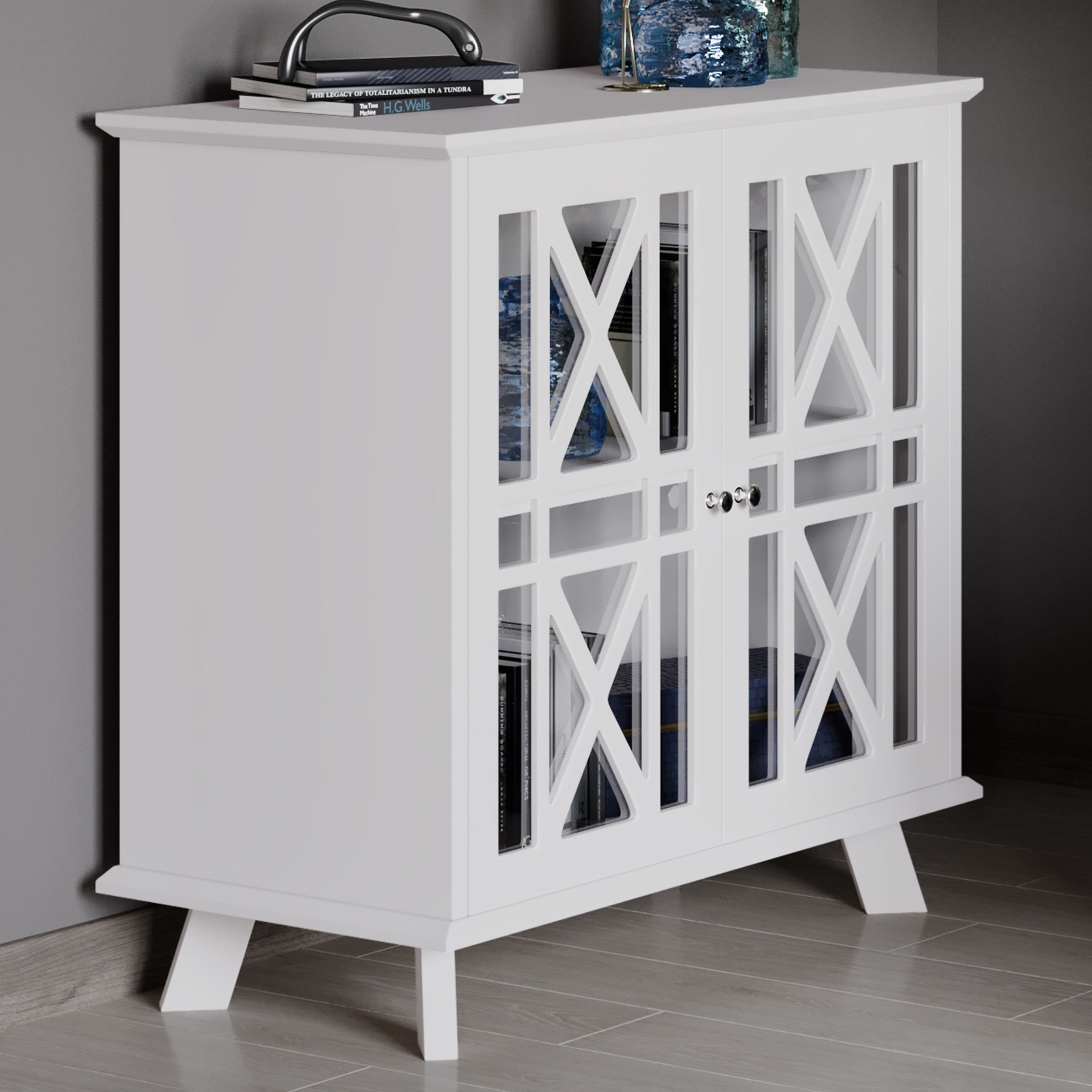 Lavish Home Buffet Cabinet Entryway Table with X-Pattern Glass Doors ...