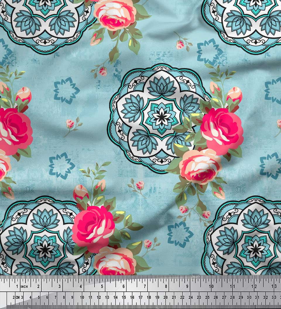 Soimoi Japan Crepe Satin Fabric Rose & Mandala Decorative Print Fabric ...