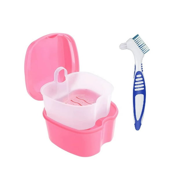 Denture Bath Box with Cleaner Brush with Rinsing Basket Tray Container ...