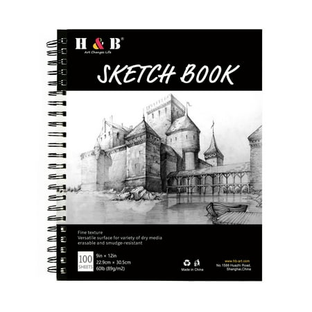 H&B 9x12'' Sketch Book Spiral Bound Artist Sketch Pad Drawing Paper 100 Sheets Art Supplies ...