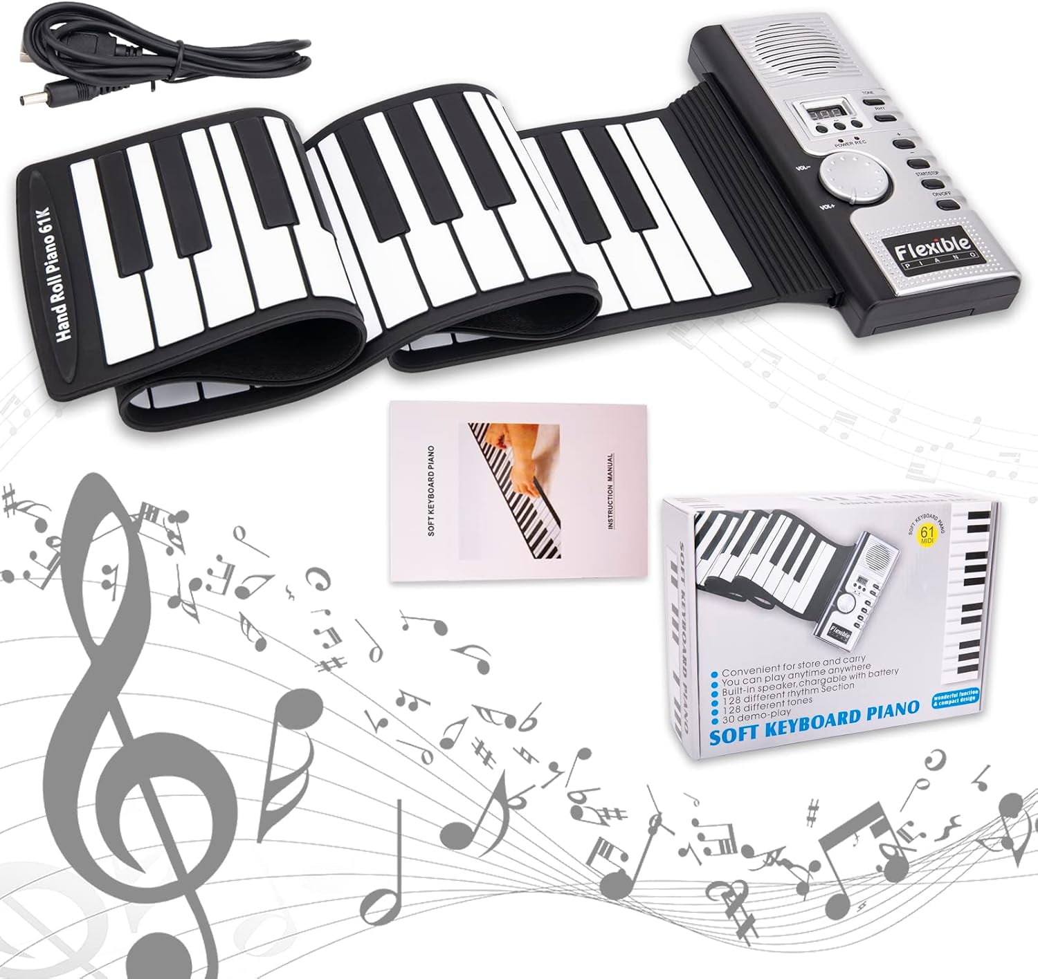 KAIYANG Roll Up Piano Keyboard 61 Keys Hand Rolled Portable Piano ...