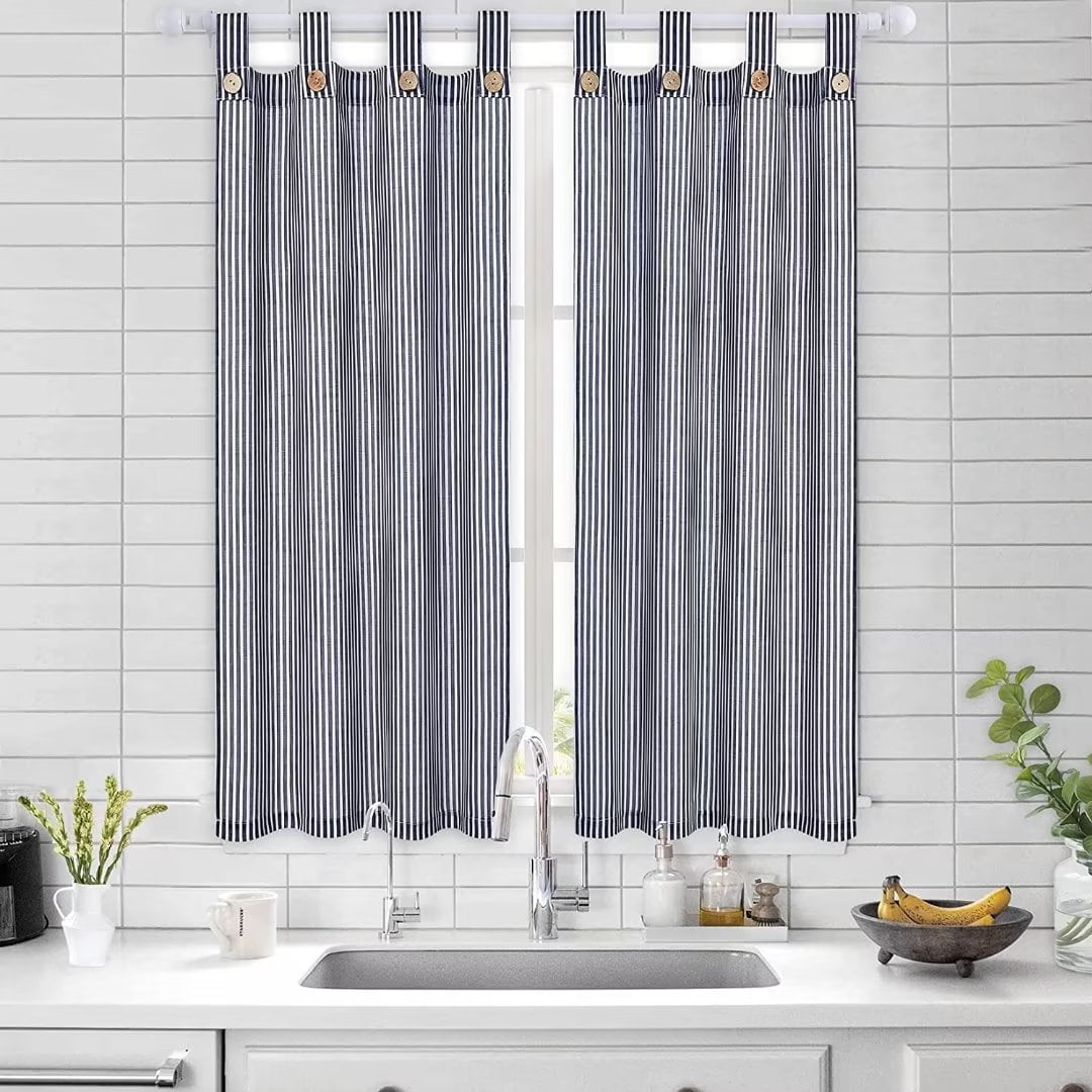 ZACOO 27"W x 45"L Navy Blue Striped Kichen Curtains Tab Top Light ...