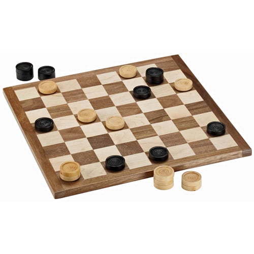 Classic Checkers Set, Black and Natural Pieces with Solid Wood Board ...