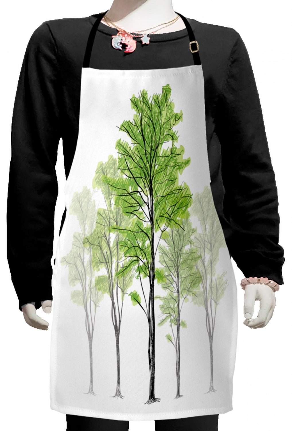 Forest Kids Apron, Sketch Style Tree with Green Leaves Abstract Dreamy ...