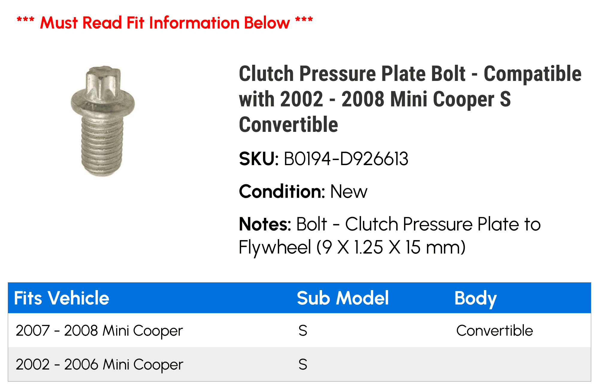 Mini Cooper Pressure Plate Bolts MORRIS LEYLAND MINI COOPER S CLUBMAN