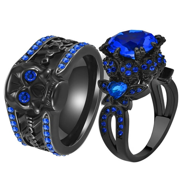 Skull Matching Rings His and Her Rings Couple Rings 1.5CT Blue CZ ...