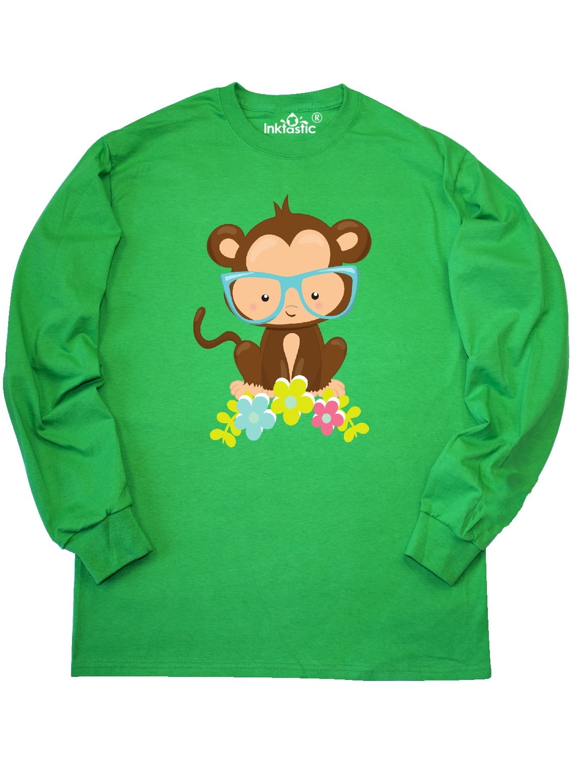 Inktastic Cute Monkey With Eyeglasses, Colorful Flowers Long Sleeve T ...