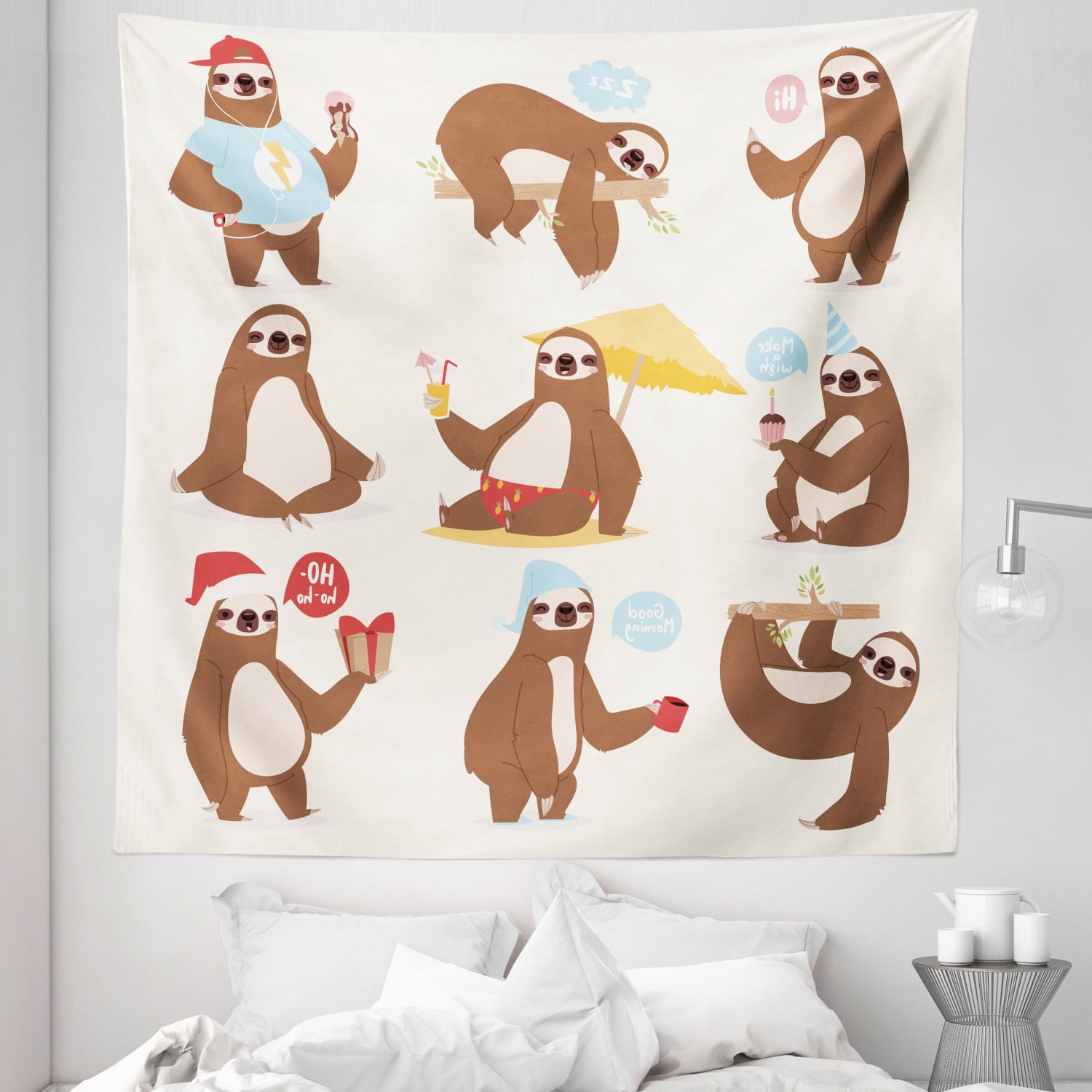 Sloth Tapestry, Funny Sluggard Animal Character Different Poses Lazy ...