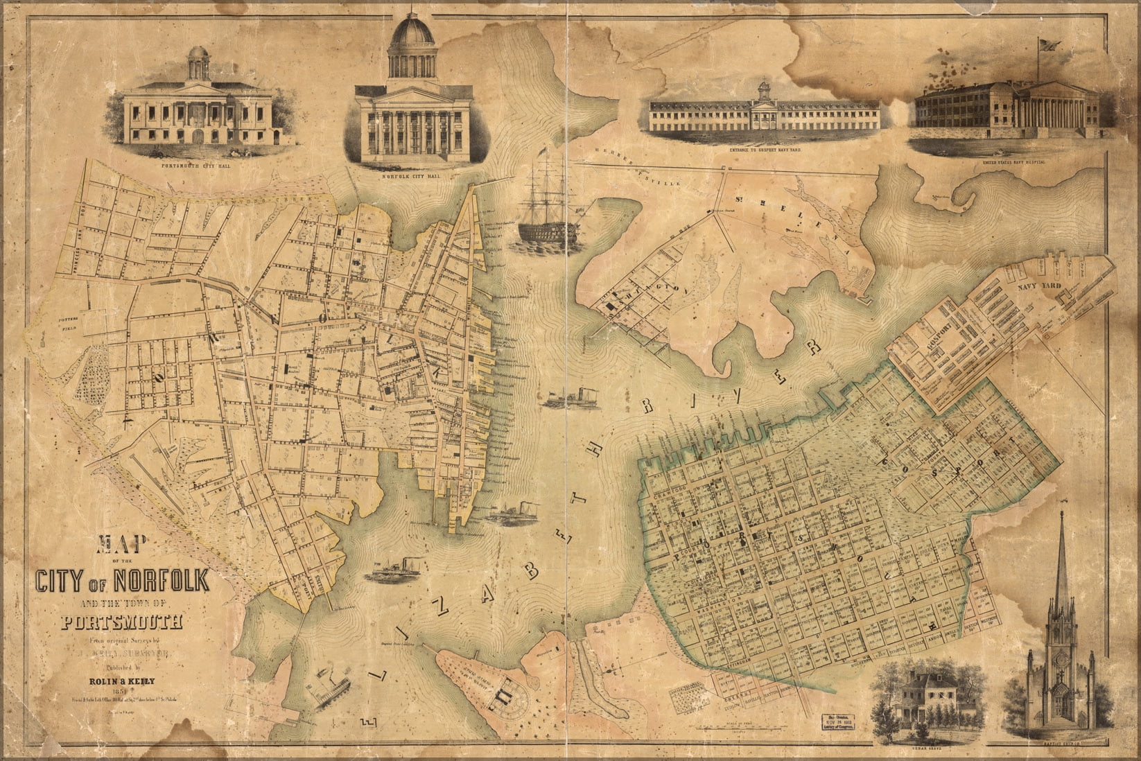 24"x36" Gallery Poster, Map of Norfolk & Portsmouth virginia 1851 ...