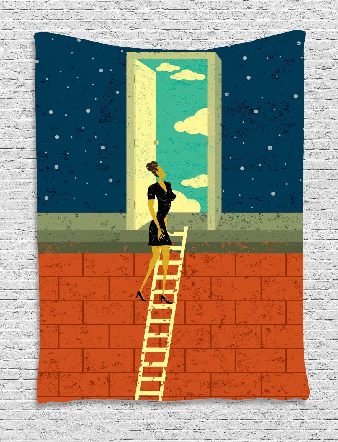 Retro Tapestry, Young Woman Climbing the Ladder Day in the Night ...