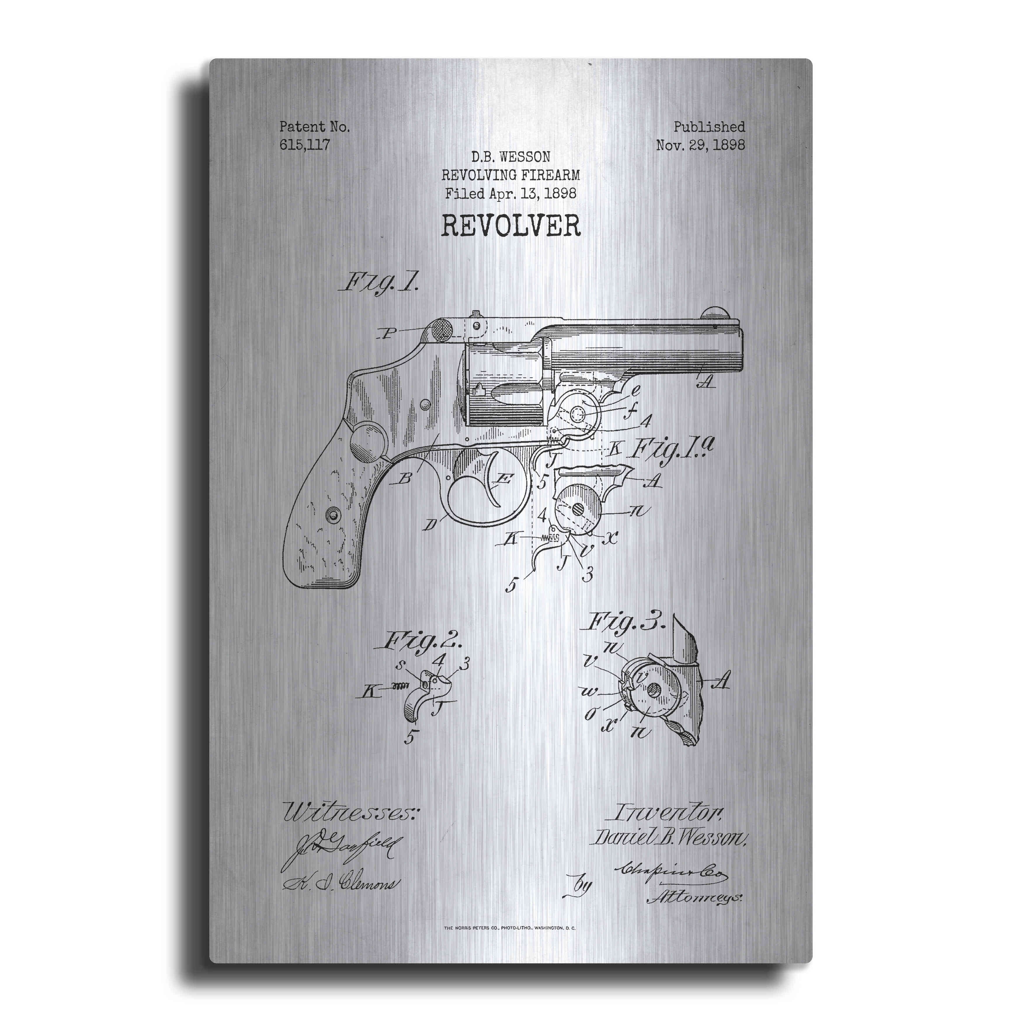 Luxe Metal Art 'Revolver Blueprint Patent White' Metal Wall Art, 12"x16 ...
