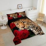 Free Shipping! Red Rose Cheetah Bedding Set,Cat Leopard Print Comforter ...