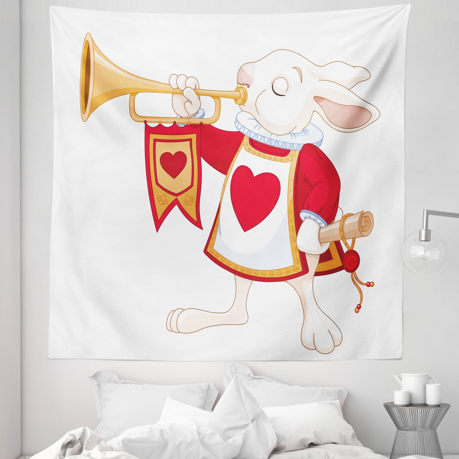 Cartoon Tapestry, Rabbit Playing Royal Trumpet with Heart Design Animal ...
