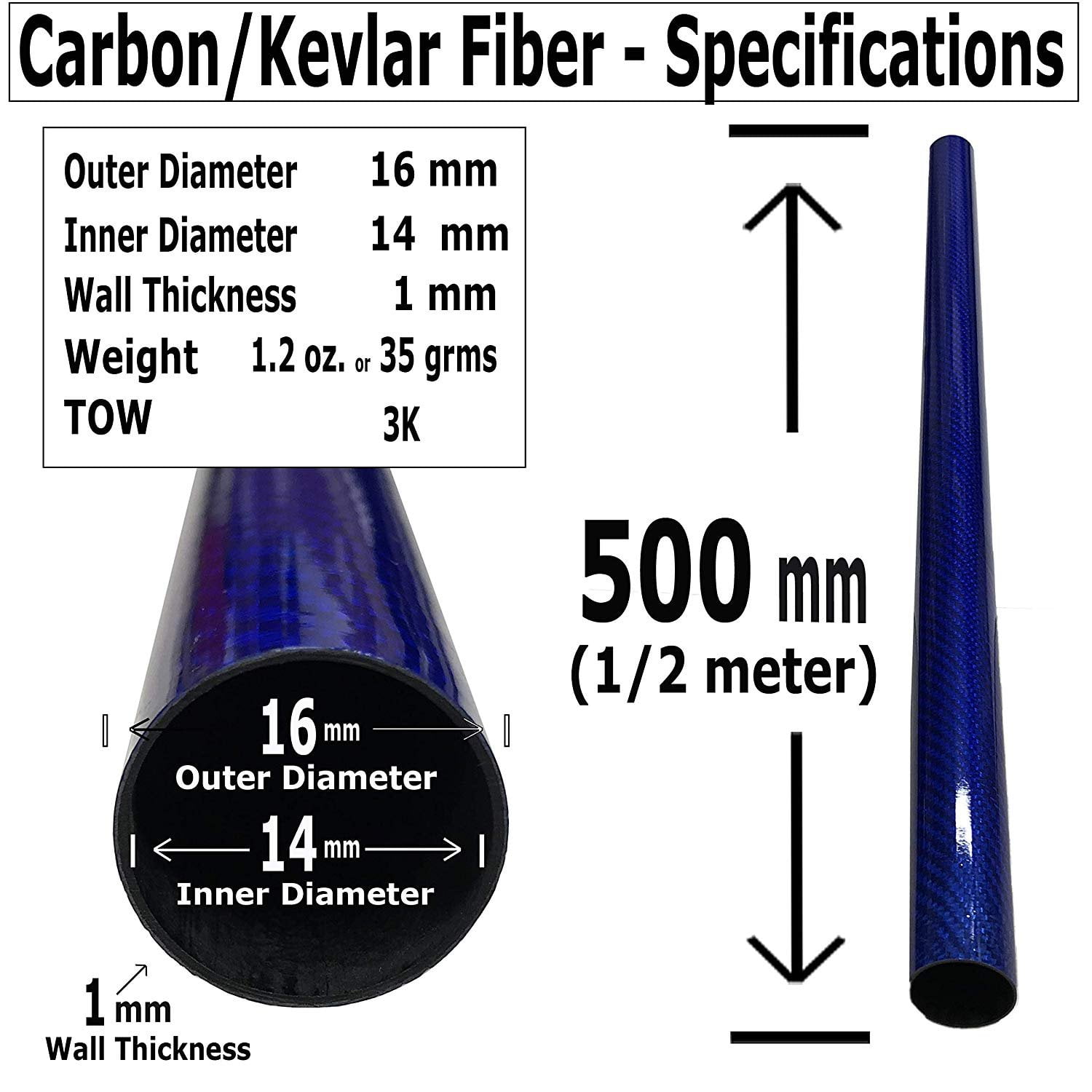 2 Blue - Carbon Fiber-Kevlar Tube - 16mm x 14mm x 500mm - 3K Roll ...