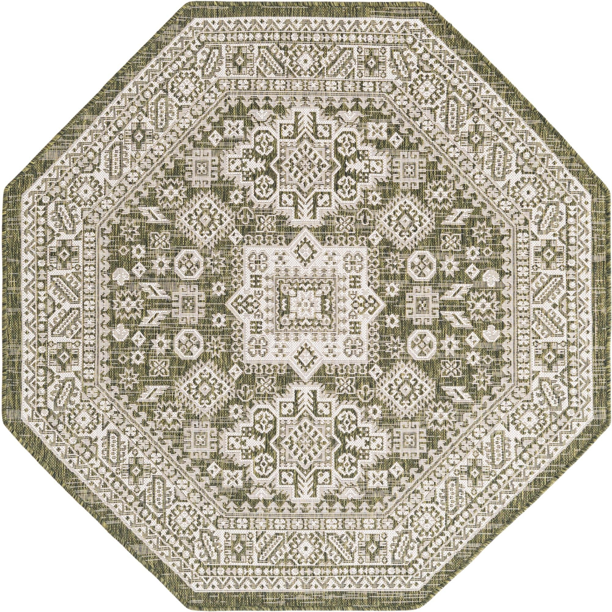 Rugs.com Outdoor Aztec Collection Rug – 5 Ft Octagon Green Flatweave ...