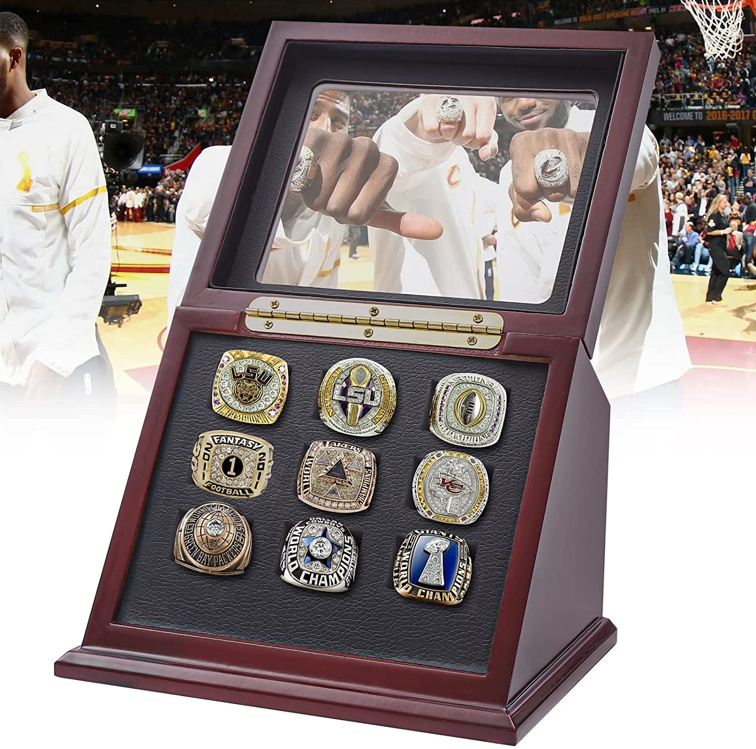 Miumaeov Ring Display Case 9 Slots Wooden Display Case Shadow Box ...