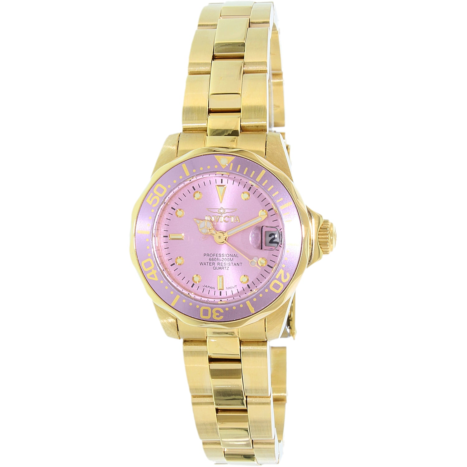 Invicta Women's 21535 Pro Diver 18K Gold Plated Ss Pink Dial And Bezel ...