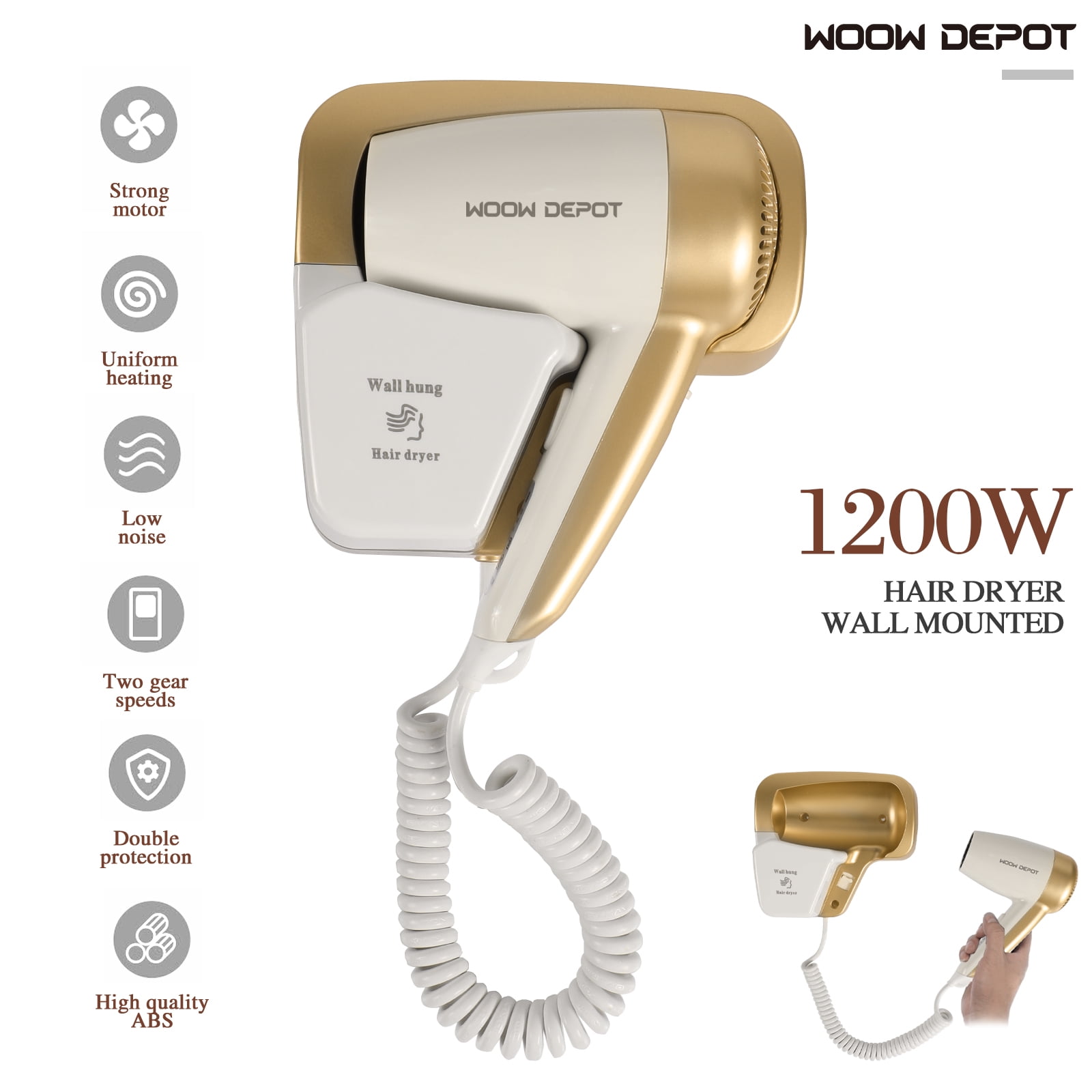 WOOW DEPOT Wall Mounted Hair Dryer Professional 1200W for Home Bathroom ...