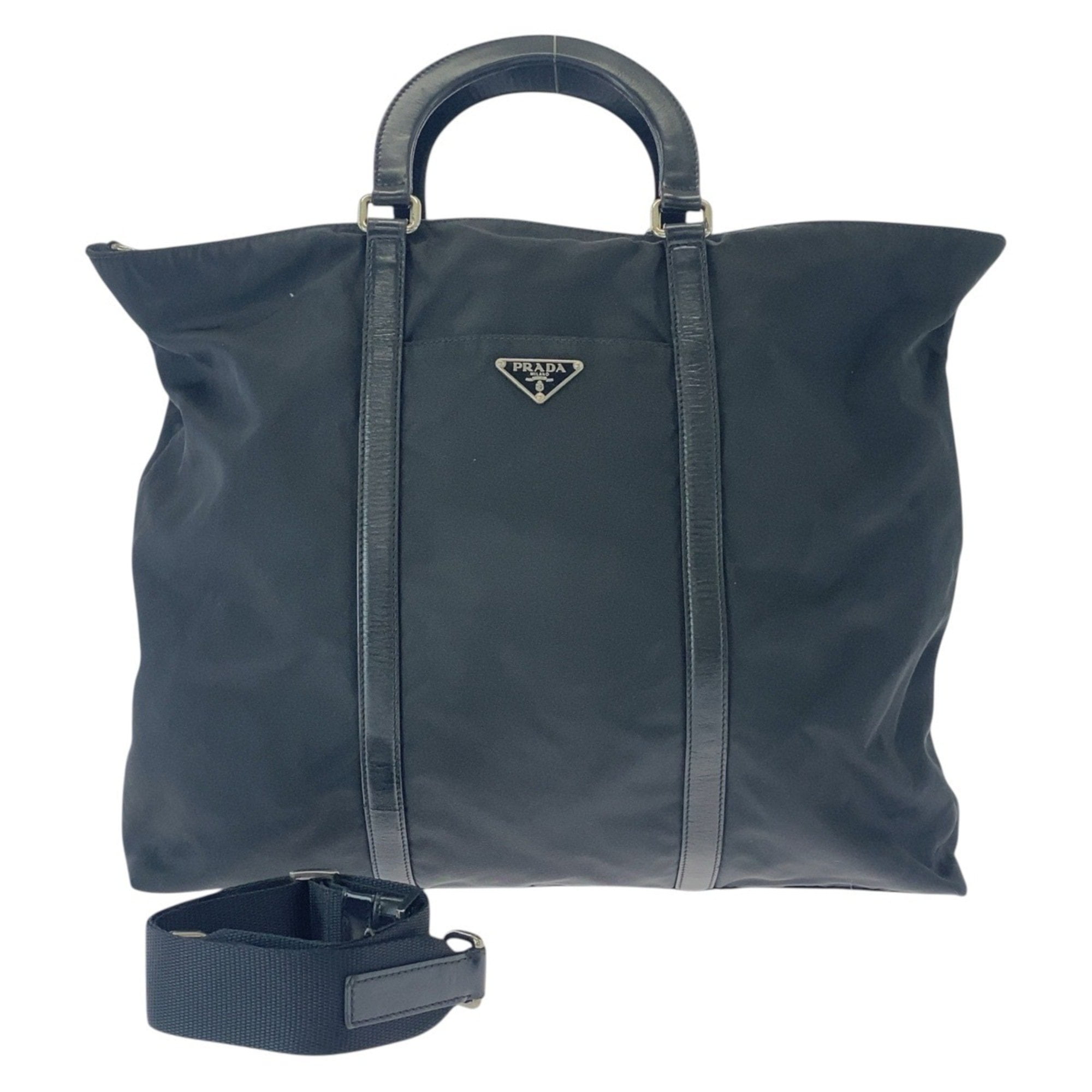 Pre-Owned PRADA Tessuto Triangle Logo Plate Black Silver Hardware Nylon ...