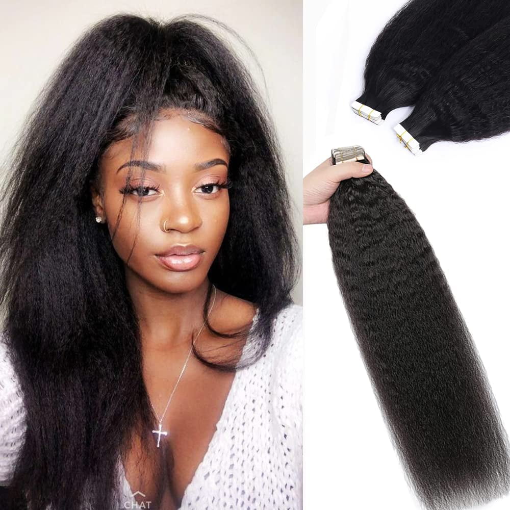 Kinky Straight Tape in Human Hair Extensions 18Inch Natural Black 20pcs ...