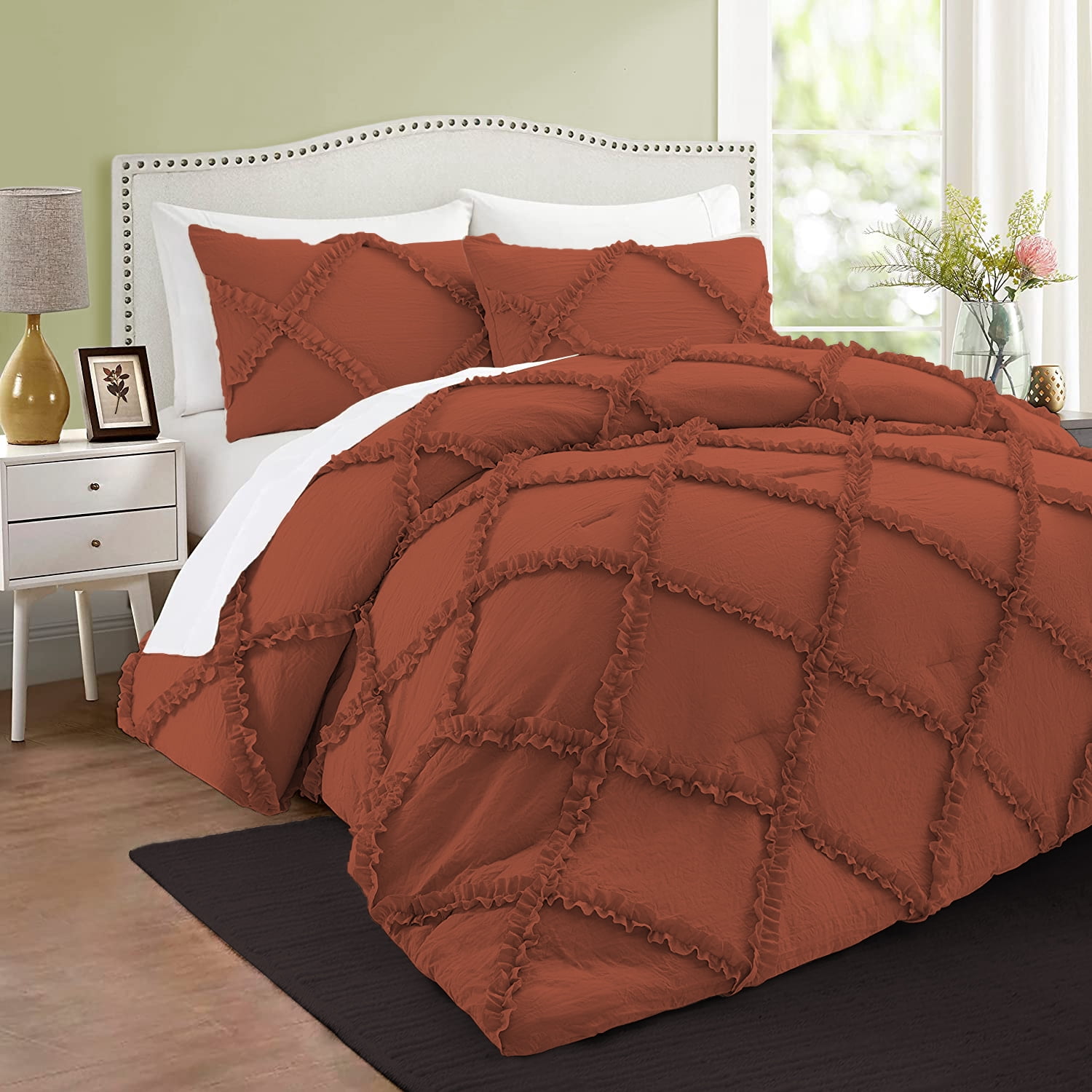 BedDecor 3 PC Luxury Diamond Ruffle "Brick Red, Oversize King" 800 TC ...