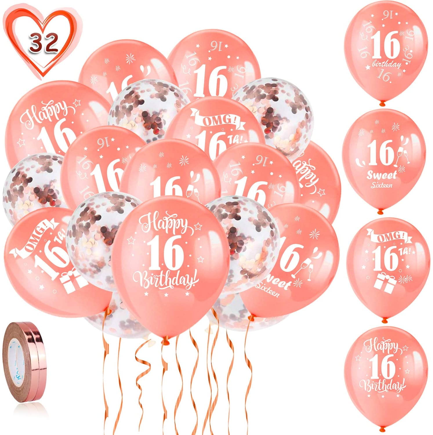 16th Birthday Balloons, Pack of 30 Rose Gold Sixteenth Birthday ...