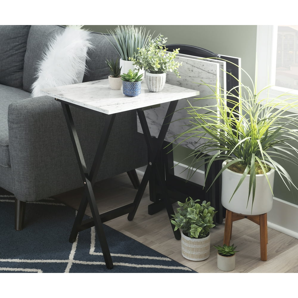 Linon 5 Piece Faux Marble Folding Tray Table Set White