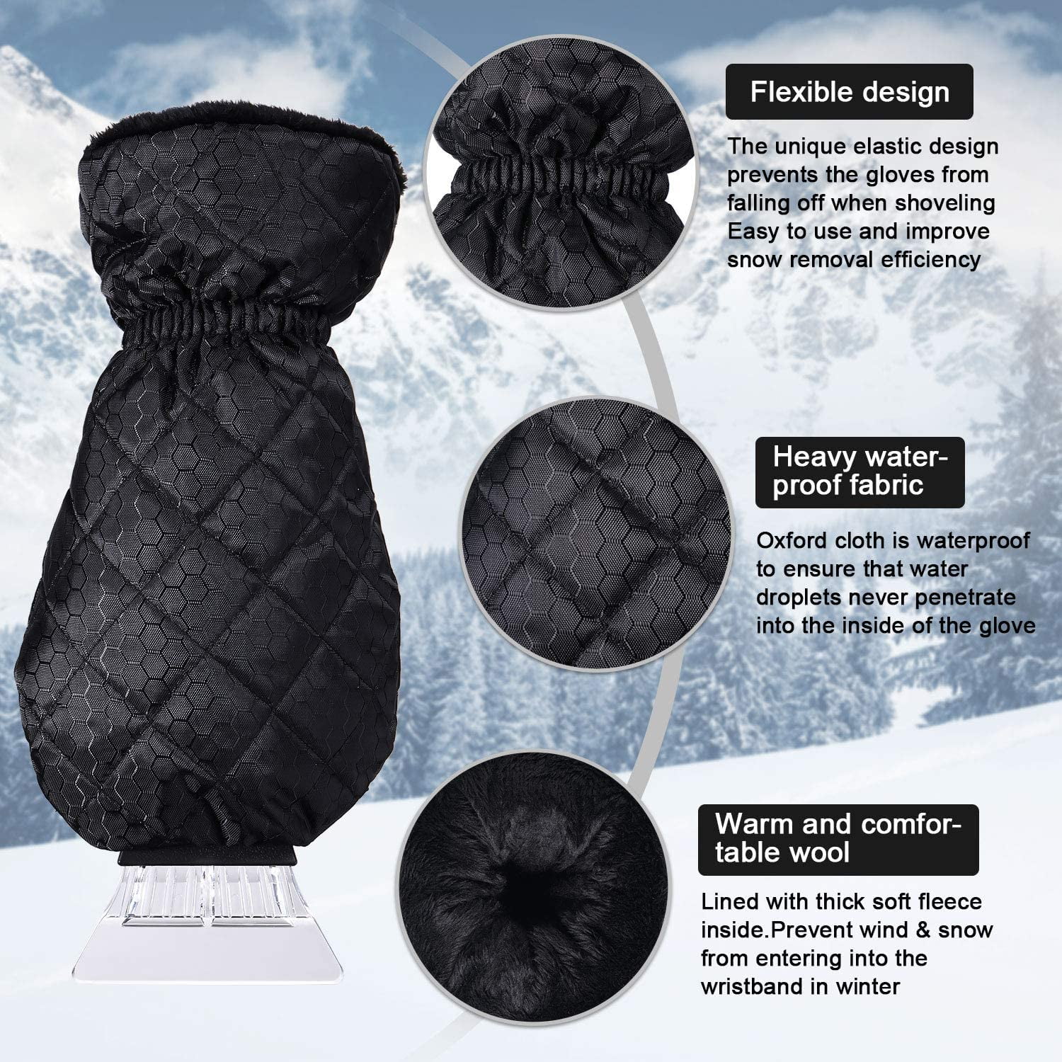 2 Pieces Ice Scraper Mitt Snow Waterproof Remover and Black Snow Brush ...