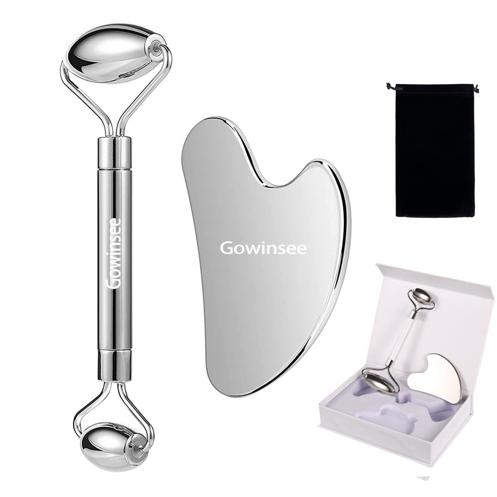 Gowinsee Face Roller and Gua Sha Set Stainless Steel Facial Roller SPA ...
