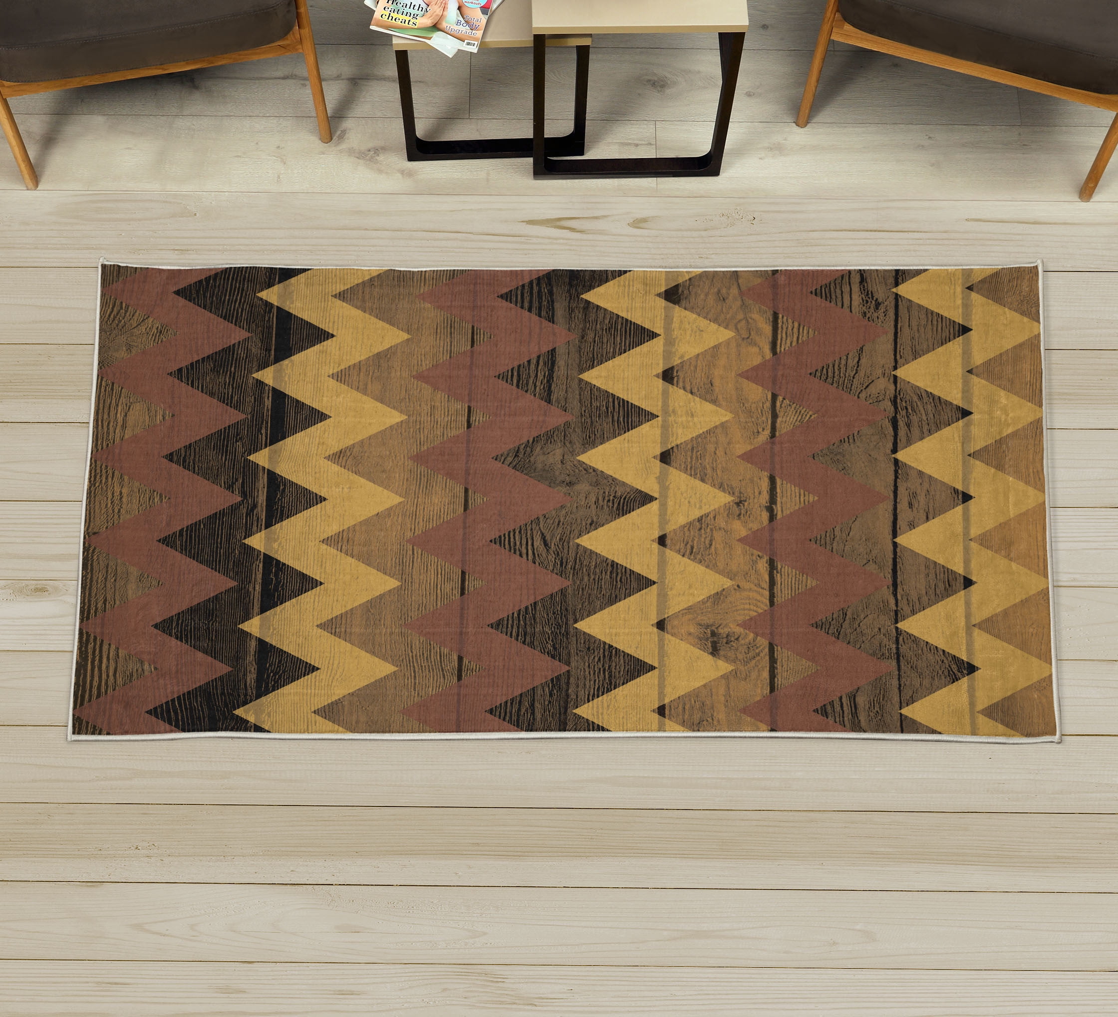 Chevron Decorative Rug, Zig Zag Lines Pattern on Wooden Looking ...