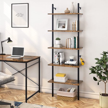 70" Industrial Wall-Mounted Ladder Shelf 5 Tier Bookshelf with Storage ...