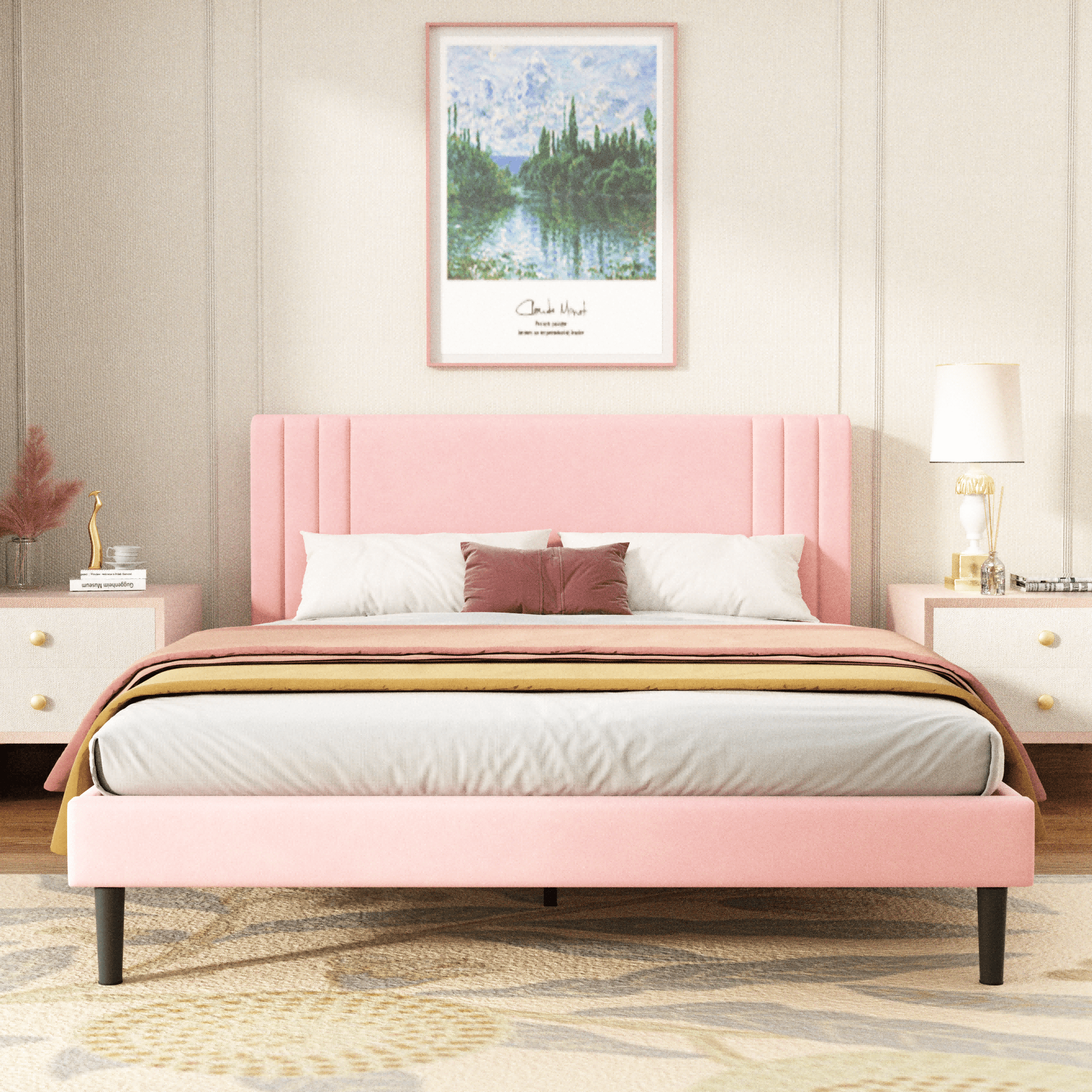 Unizone Queen Bed Frame with Headboard, Modern Striped Design Style ...