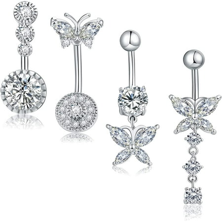 Surgical Steel Belly Button Rings Butterflies CZ Dangle Belly Button ...