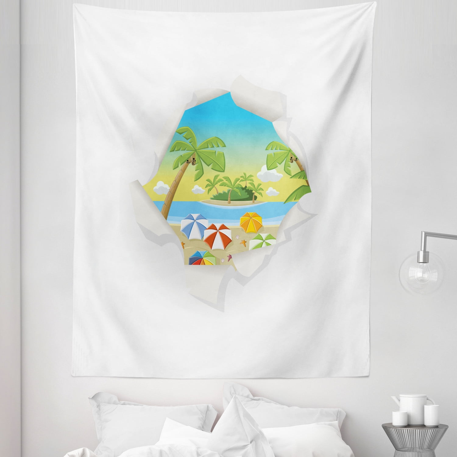 Beach Tapestry, Torn Paper Effect Tropical Beach with Ocean Umbrellas ...