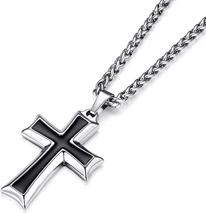 HZMAN Mens Stainless Steel Cross Pendant Necklace Flower Basket Chain ...