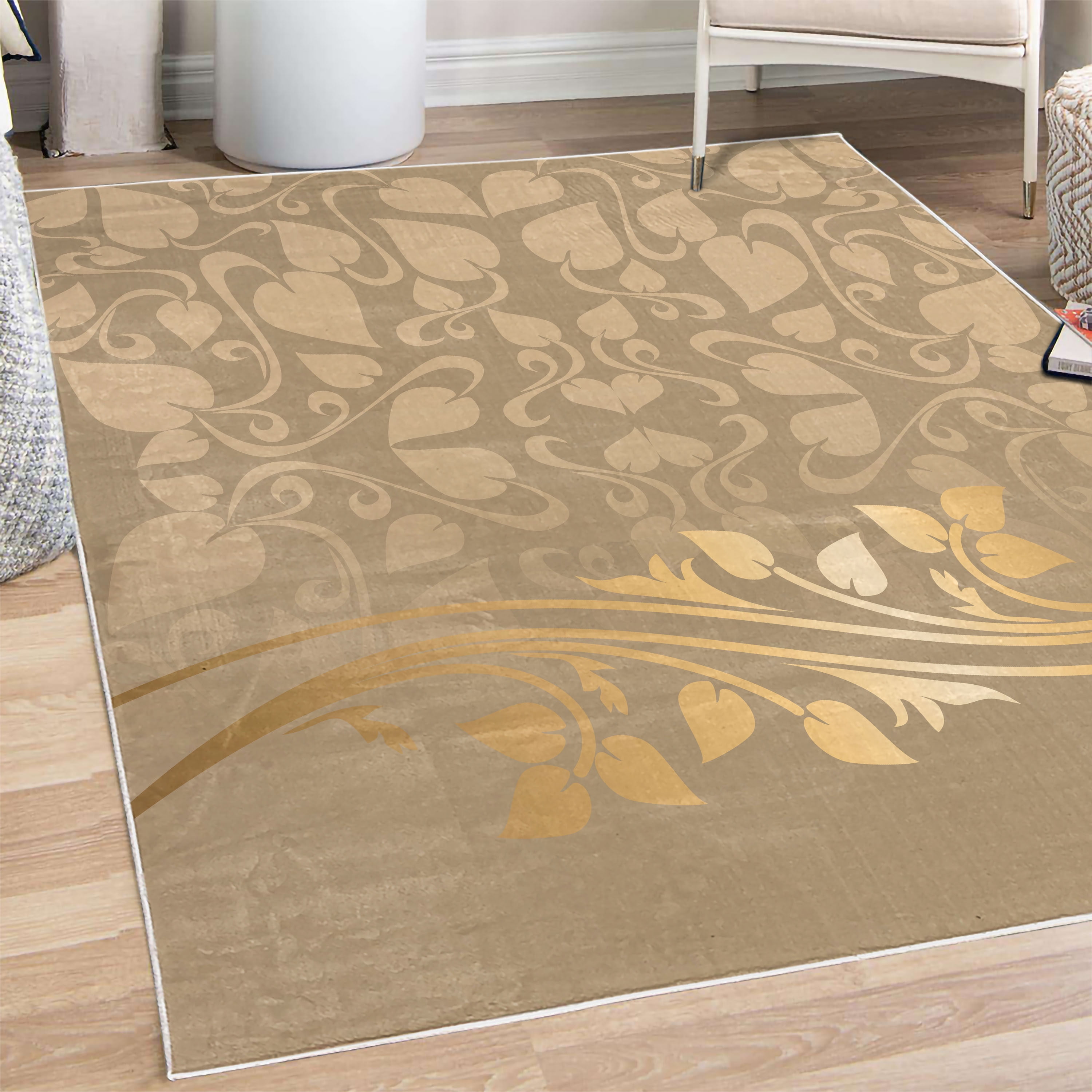 Floral Decorative Rug, Romantic Royal Leaf Pattern Yellow Colored ...