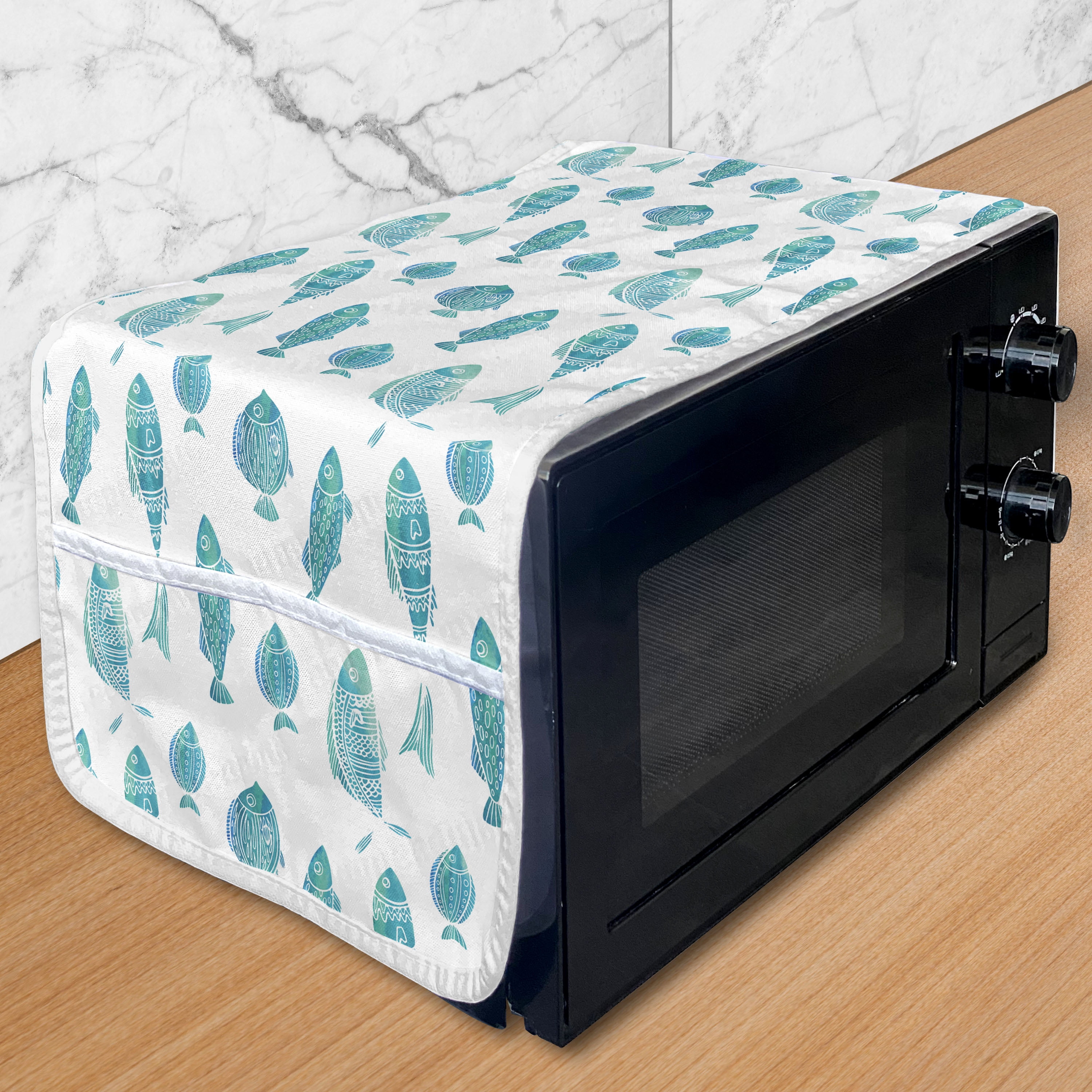 Fish Microwave Oven Cover, Doodle Art of Ocean Animal Silhouettes ...