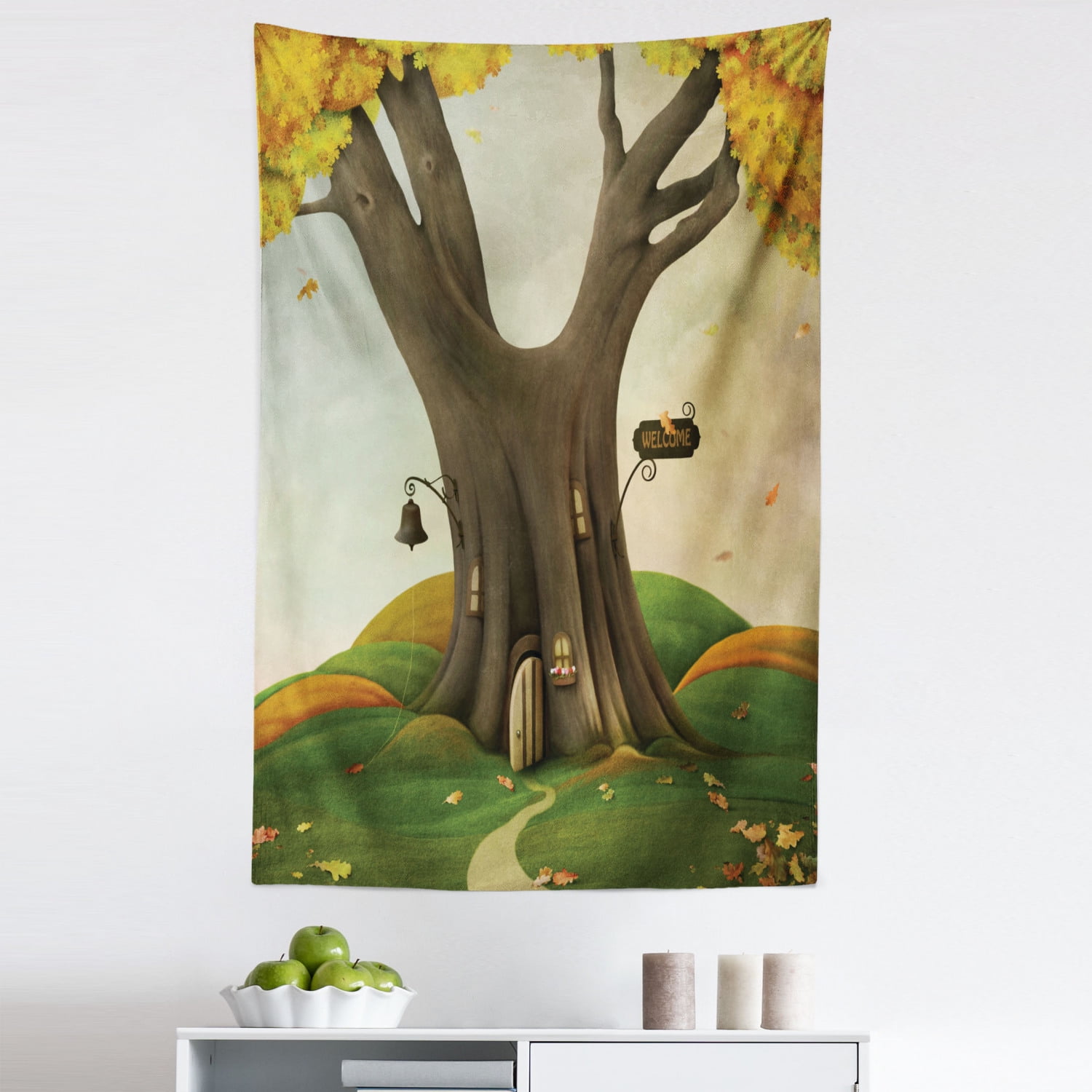 Tree Tapestry, Style Cosy Tree Trunk House with Defoliated Autumn ...