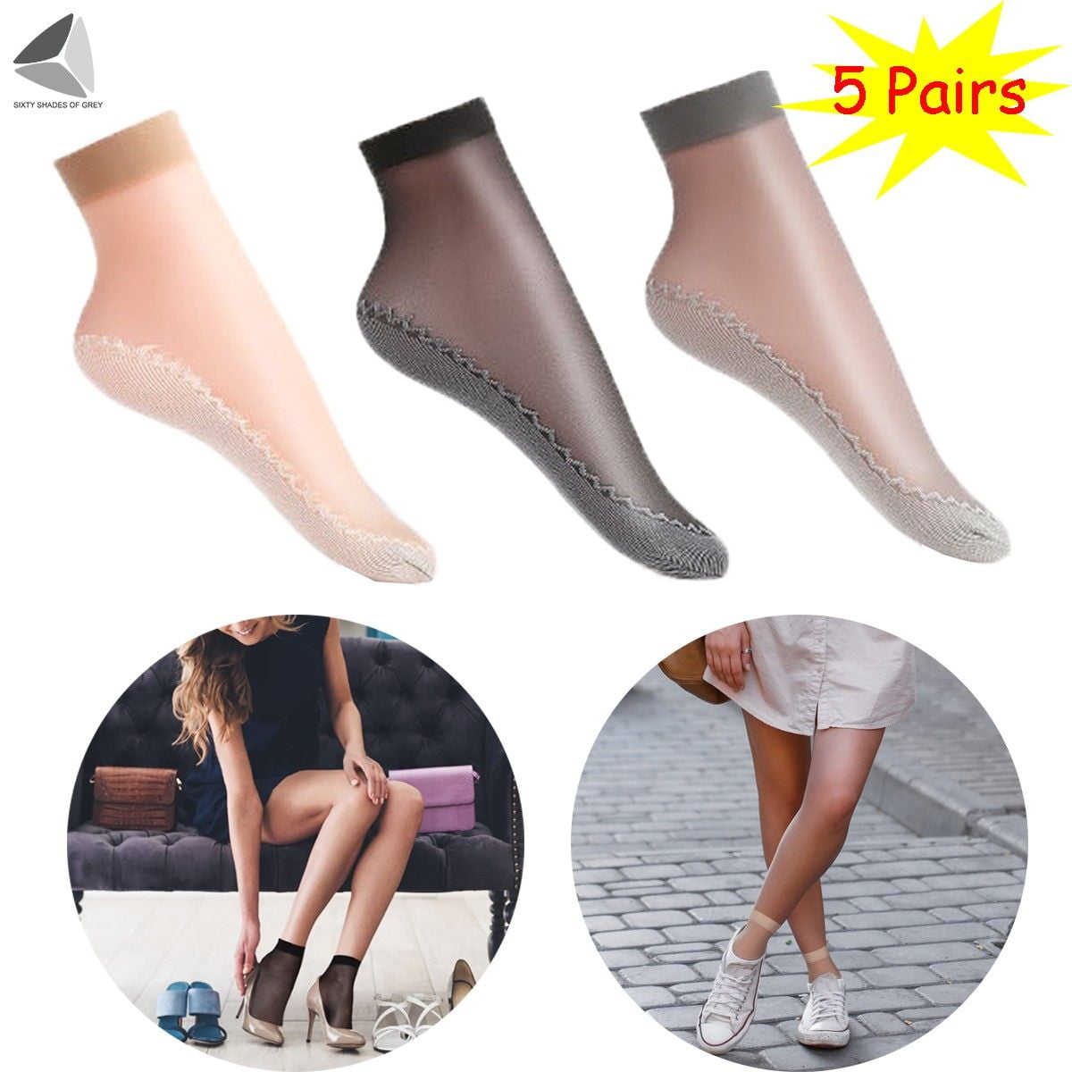 Sixtyshades 5 Pairs Women Sheer Ankle Socks Silky Anti Slip Nylon Stockings Gray