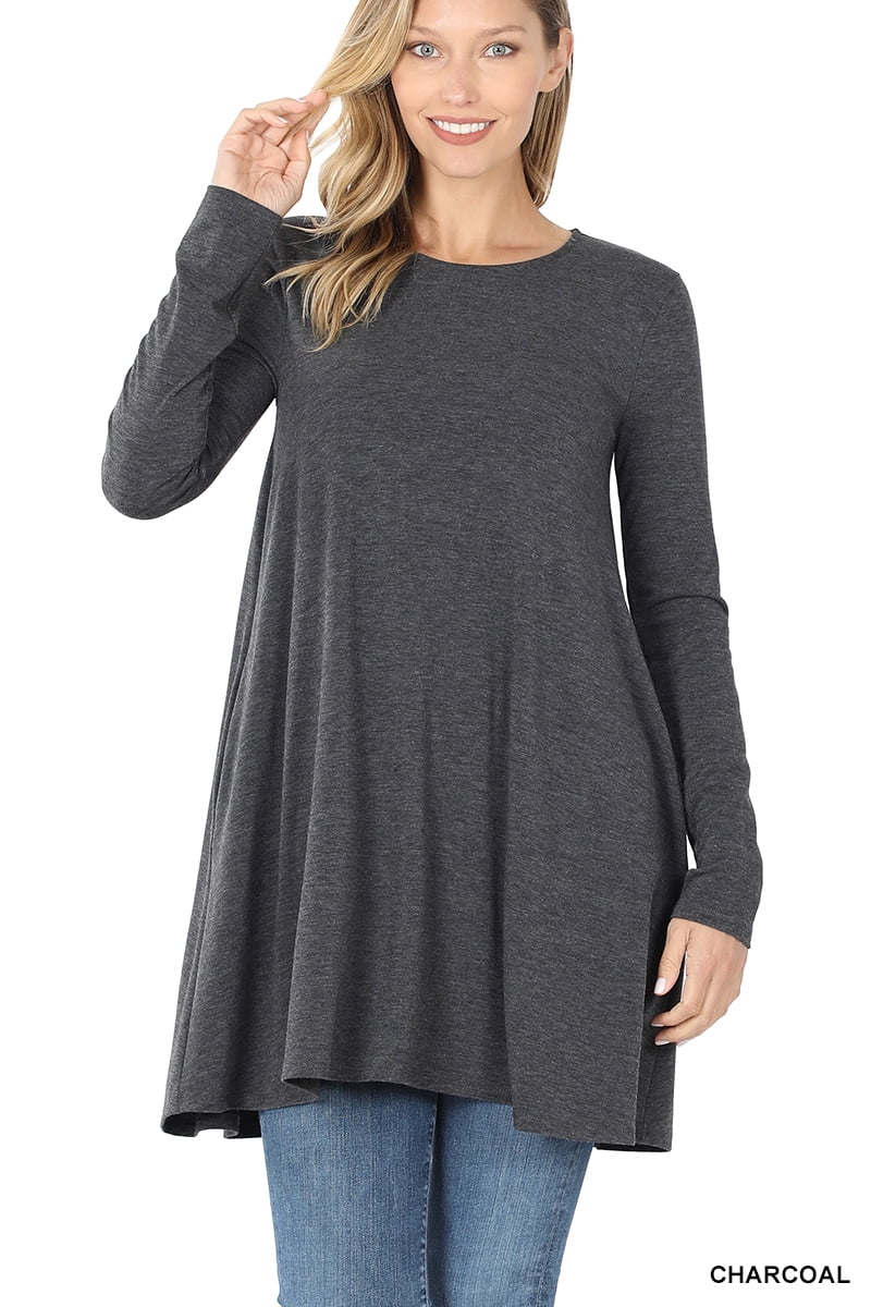 Zenana Women & Plus Long Sleeve Jersey Flared Tunic Top with Side ...