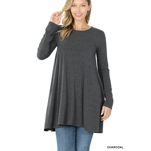 Zenana Women & Plus Long Sleeve Jersey Flared Tunic Top with Side ...