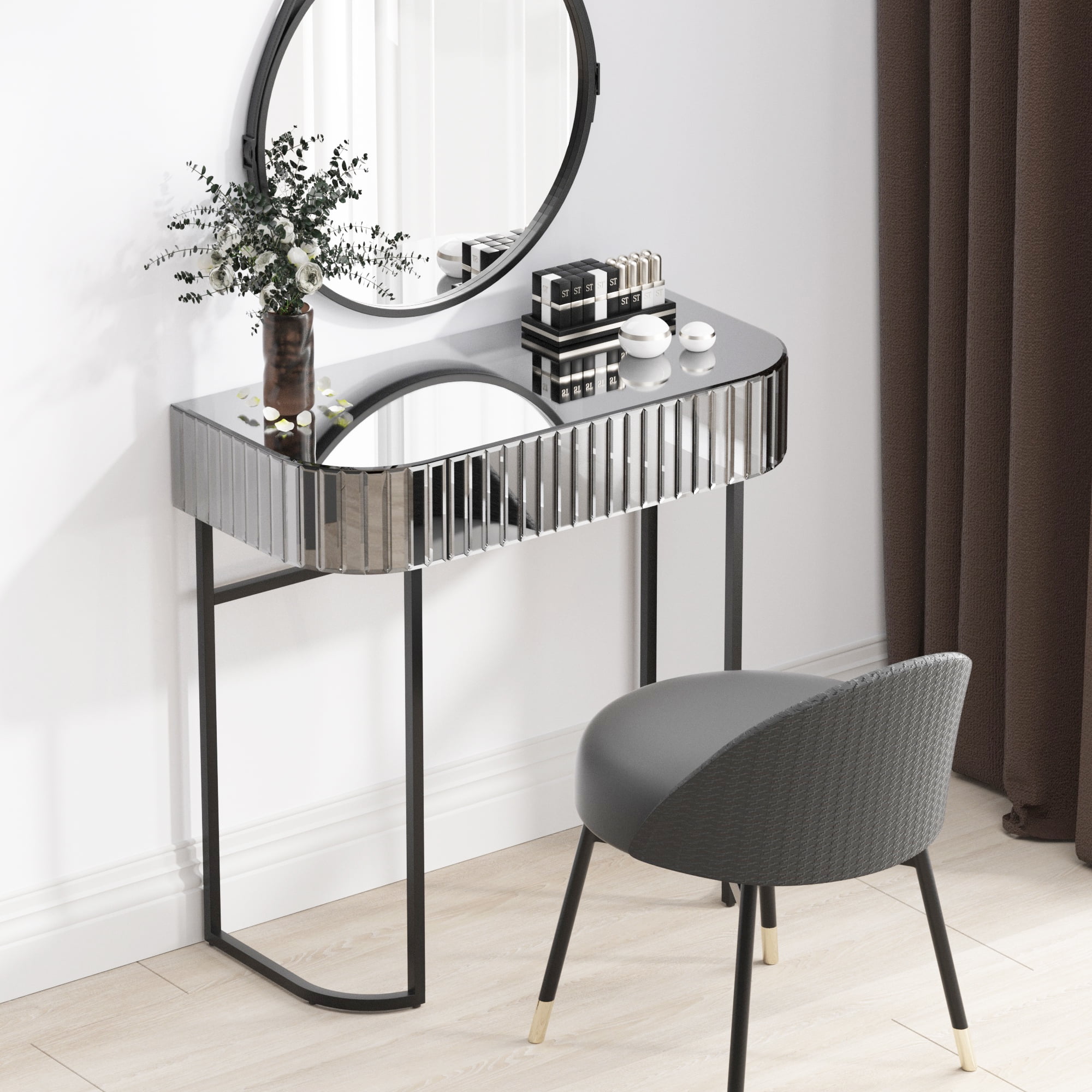 Mirror Vanity Desk with Storage Drawer, Mirror Striped Dresser, Piano ...
