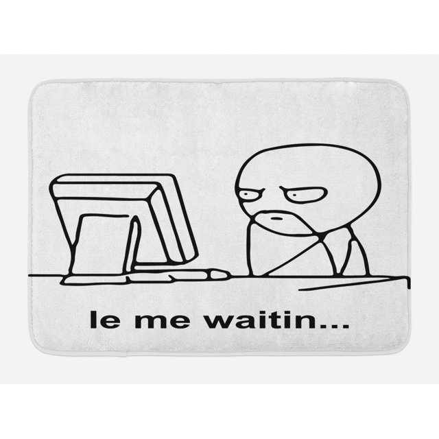 Humor Bath Mat, Stickman Meme Face Icon Looking at Computer Joyful Fun ...