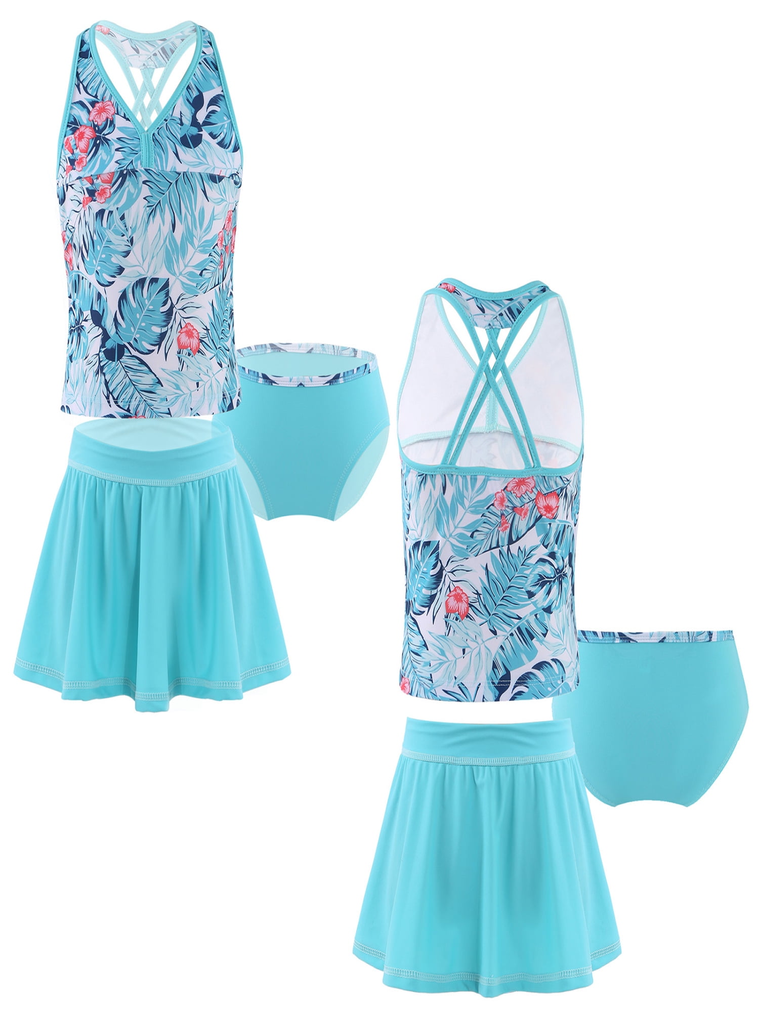 Alvivi Girls 3 Pieces Swimsuit Print Top Briefs Skirt Set Beach Bikini