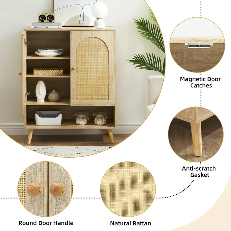 M optimized Rattan Storage Cabinet with Doors 4 Tier Storage Cabinet with Adjustable Shelves Wooden Storage Organizer for Entryway Hallway Closet