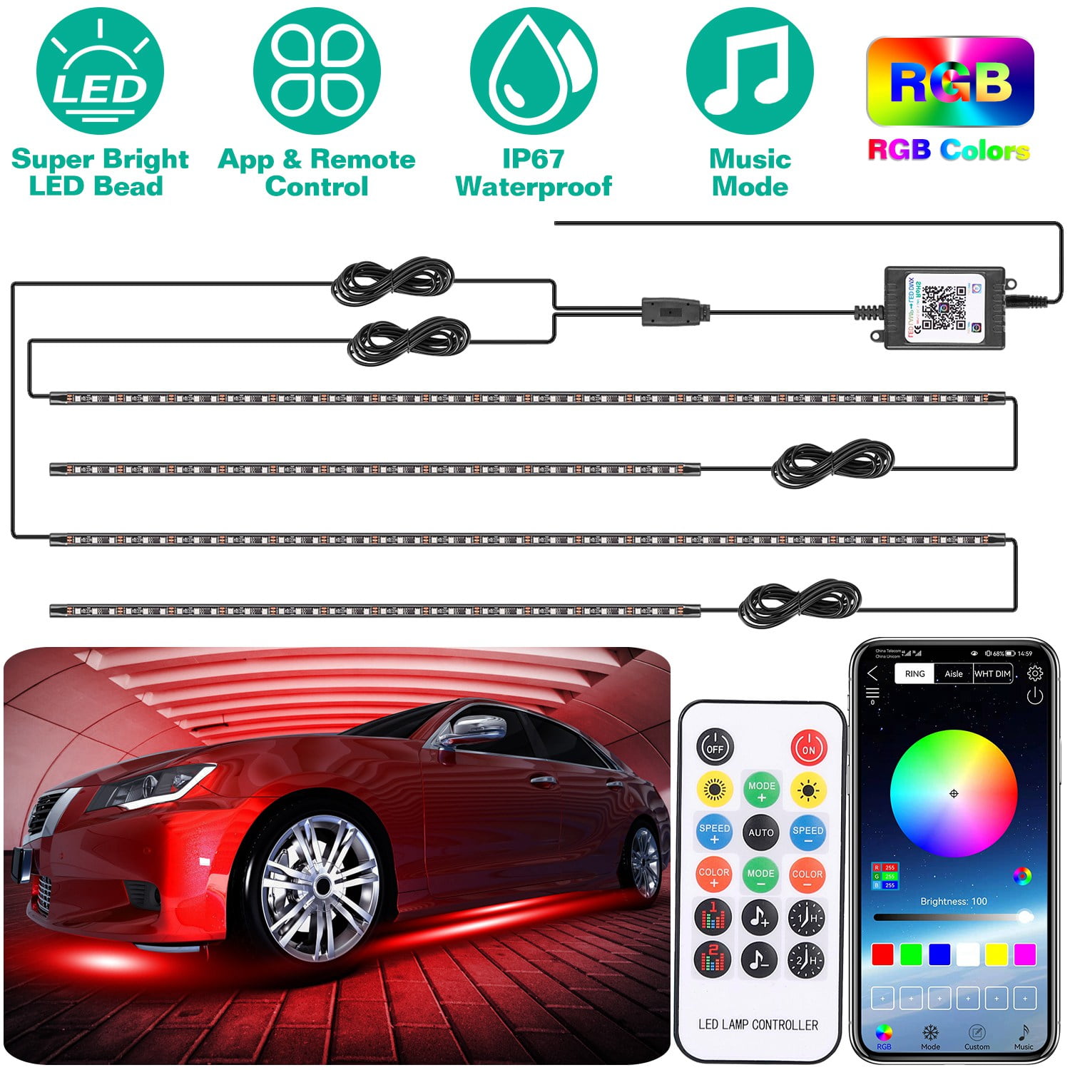 iMountek Waterproof RGB Underglow LED Strip Remote App Control Car ...