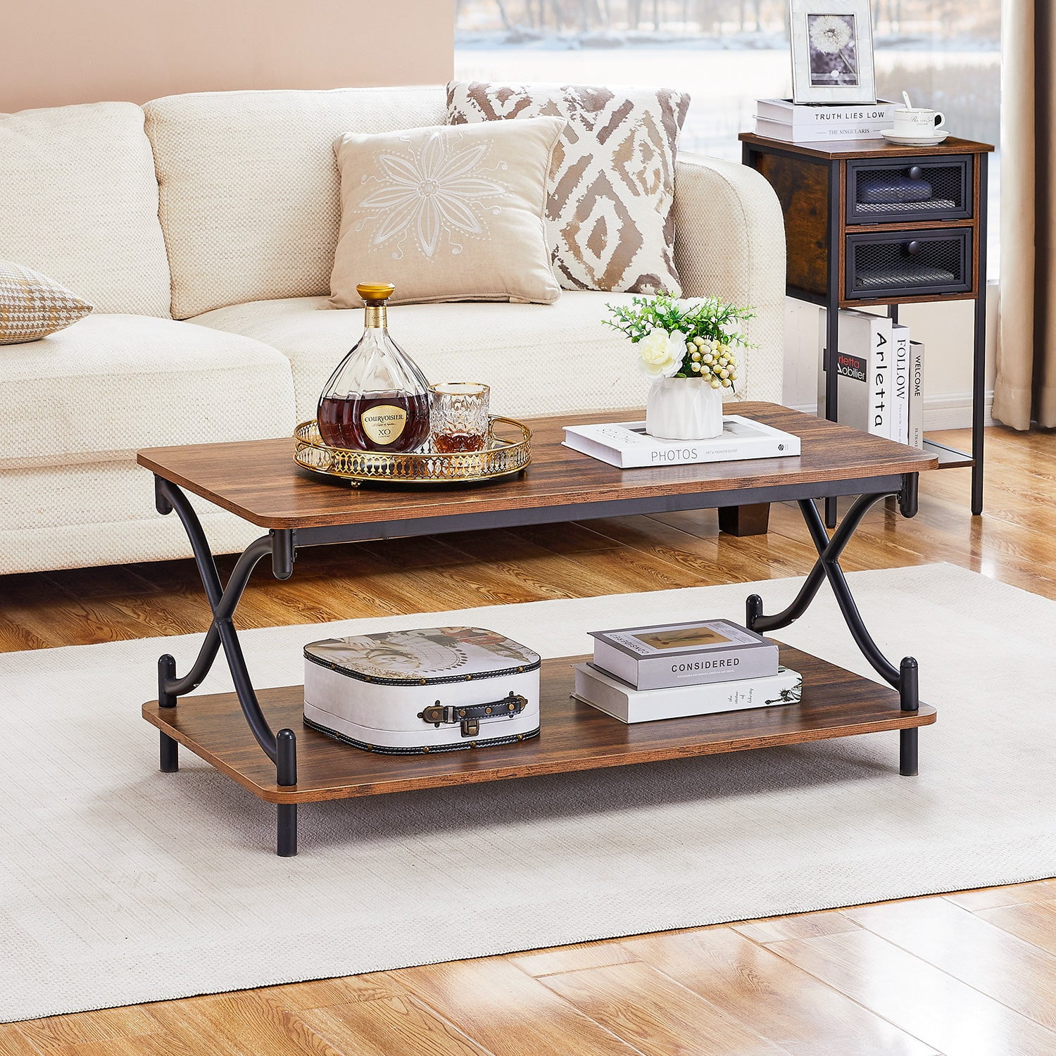 VECELO Rectangle Coffee Table with Storage Shelf, Modern X-Design Side ...