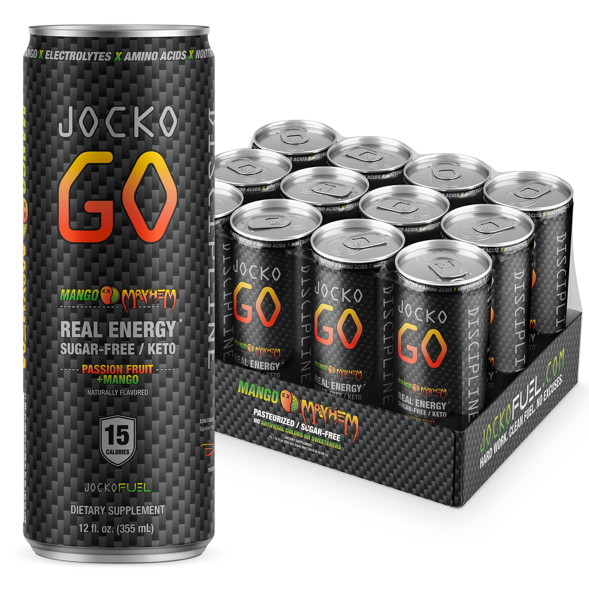 Jocko Go Sugar Free Mango Mayhem Energy Drink, 12 fl oz, 12 Pack Cans ...