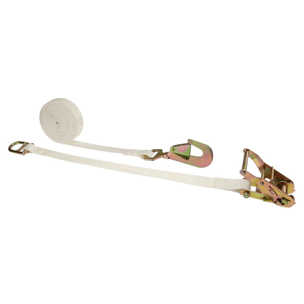 1" x 15' White Tent Ratchet Strap w/ Twisted Snap Hook & Double D-Ri ...