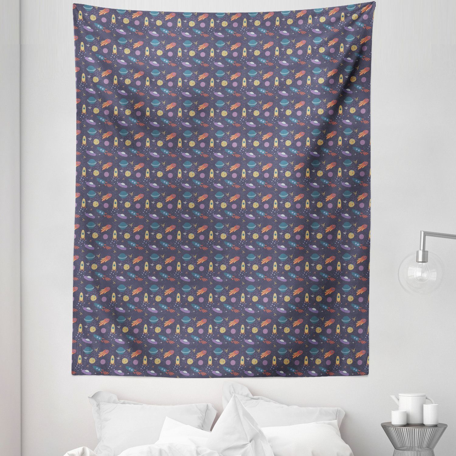 Alien Tapestry, Space Themed Comet Stars Rockets and Planets in Pastel ...